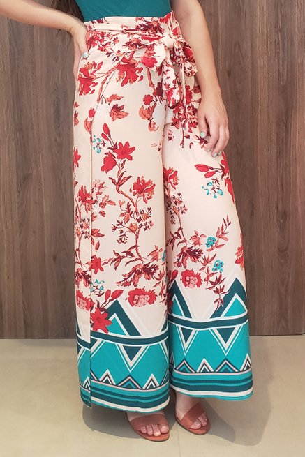Calça Envelope Crepe Estampa Floral Salmão - Malharia Eliani